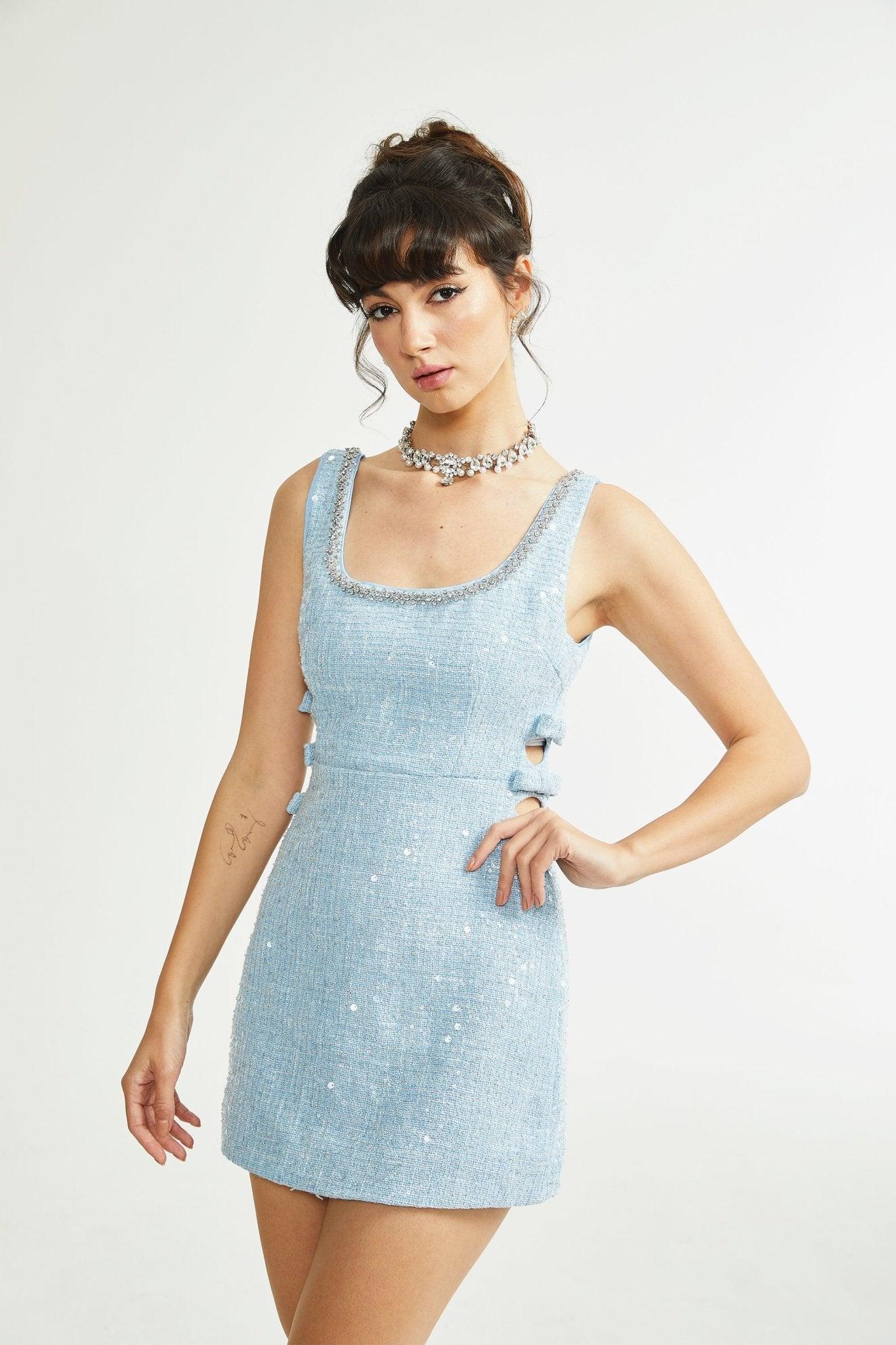 "Manon Charm" Açık Mavi Işıltılı Tweed Mini Elbise – BELLVİERA STYLE